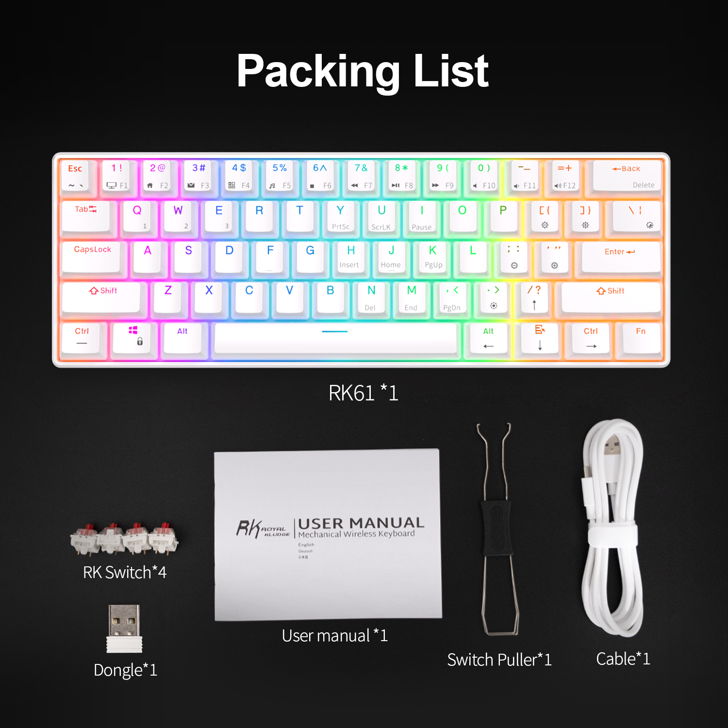 Rk61 Royal Kludge คีย์บอร์ดบลูทูธ 3.0 และ USB C Dual Mode RGB Backlit ...