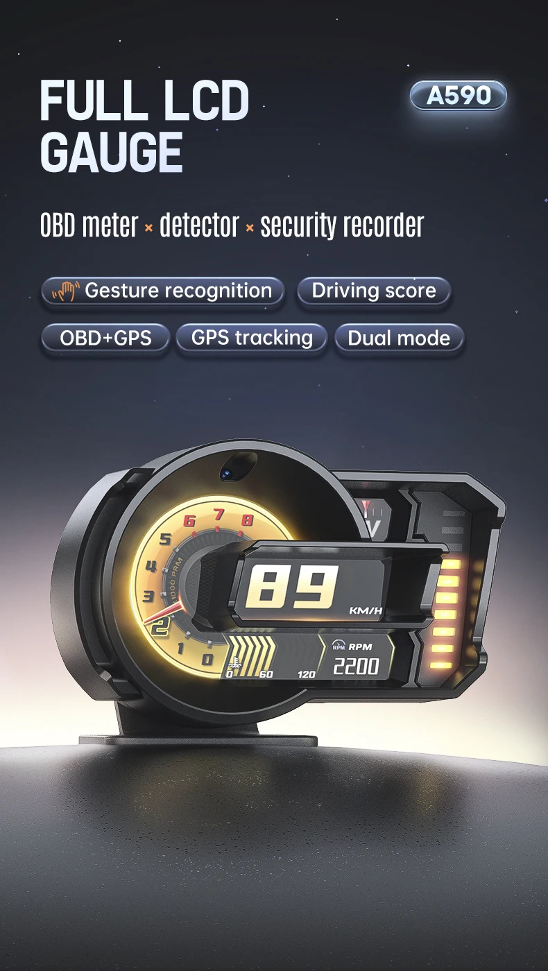 ใหม่ A590 HUD Full LCD OBD + GPS เครื่องมือแผงการปรับเปลี่ยน Gauge RPM แรงดันไฟฟ้า Oi ความดัน ...