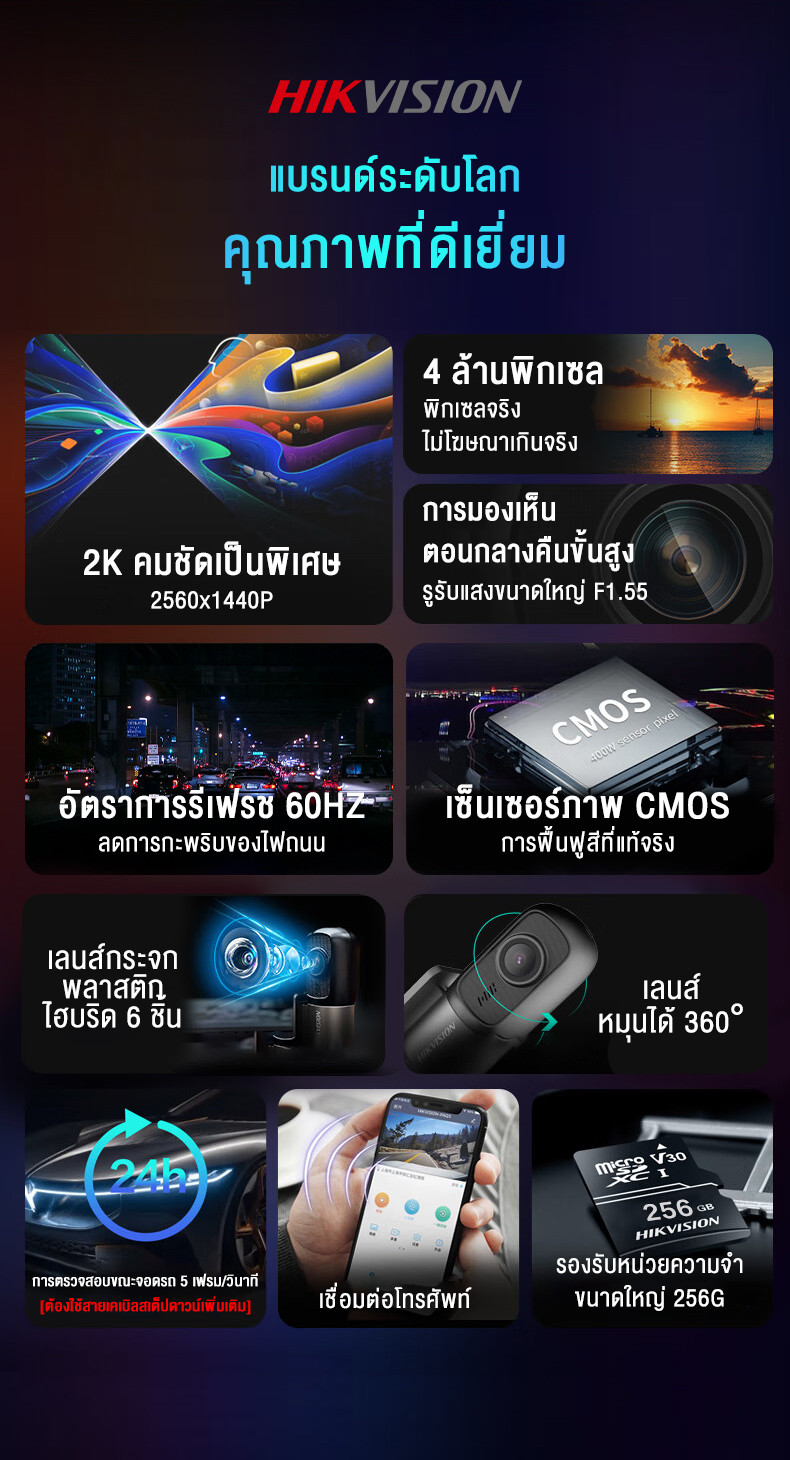 HIKVISION D1/D1PRO Dash Cam Car Camera 2K กล้องติดรถยนต์ 1440 HD Wi-Fi ในตัว หมุนได้ 360 ...