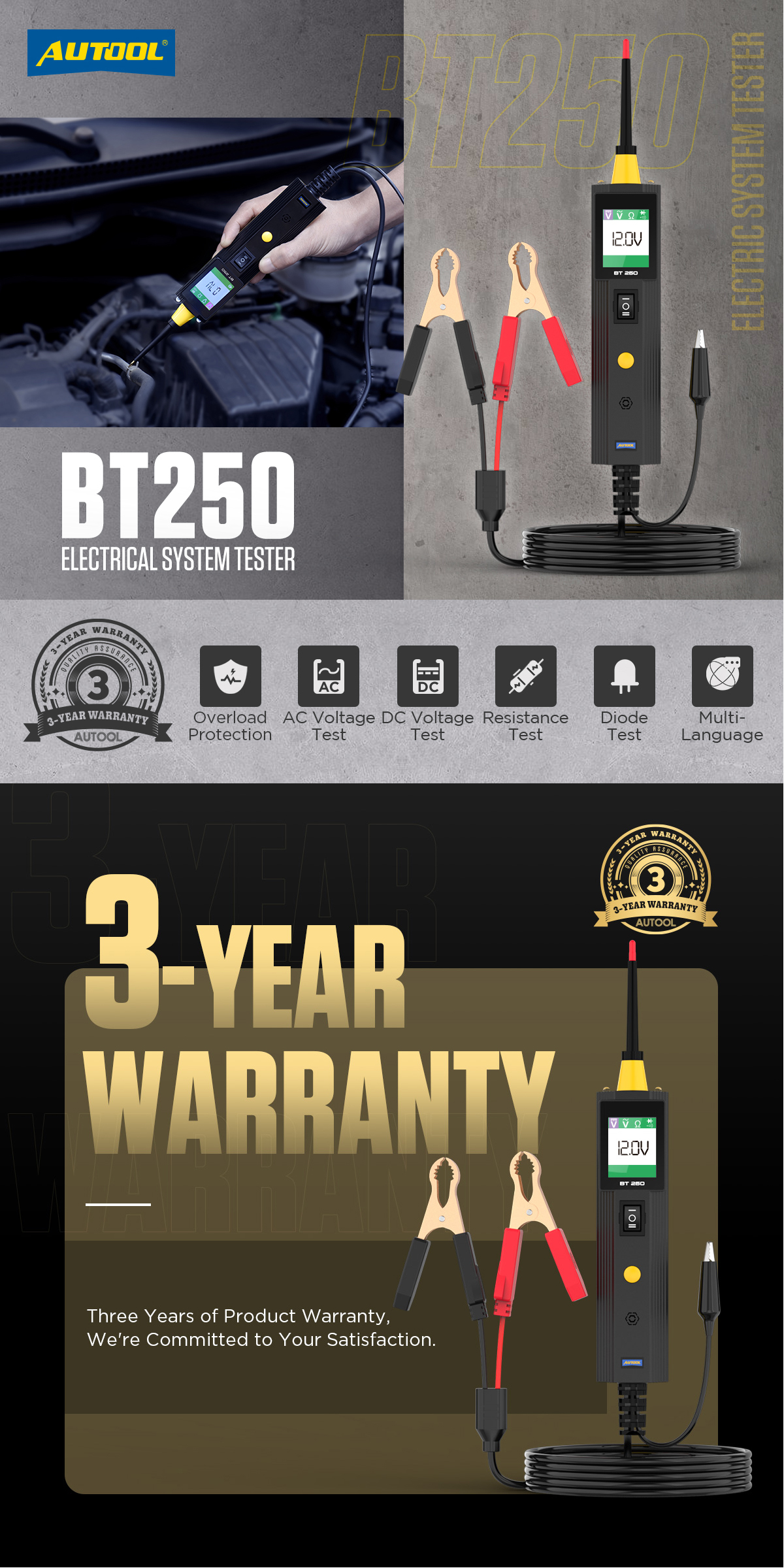AUTOOL BT250 Auto 6V 12V 24V AC DC รถ เครื่องทดสอบวงจรแรงดันไฟสำหรับ ...