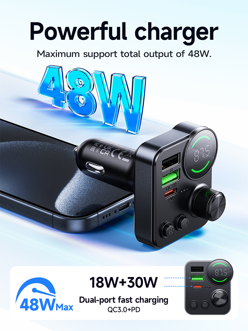 Hoco E86 ที่ชาร์จแบตในรถ 48W PD30W พอร์ต USB คู่ชาร์จเร็ว QC3.0 รถบลูทูธเครื่องส่งสัญญาณ FM อะแด ...