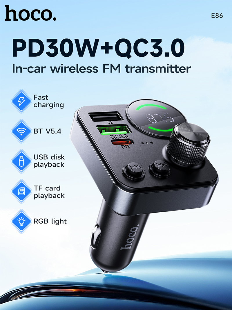 Hoco E86 ที่ชาร์จแบตในรถ 48W PD30W พอร์ต USB คู่ชาร์จเร็ว QC3.0 รถบลูทูธเครื่องส่งสัญญาณ FM อะแด ...
