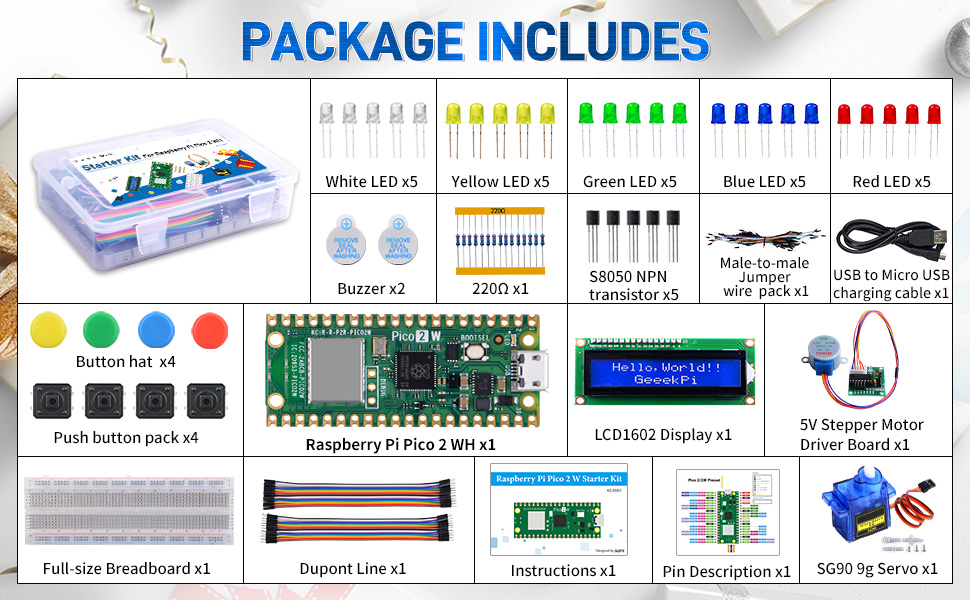 52pi Raspberry Pi Pico 2 WH Starter Kit การทดลองการเขียนโปรแกรม Breadboard | Shopee Thailand