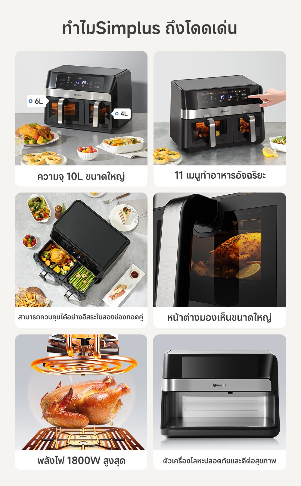 INSSA x Simplus หม้อทอดไร้น้ำมัน สองช่องคู่ความจุ 10L ขนาดใหญ่พิเศษ หน้าจอ LCD ความคมชัดสูง ...