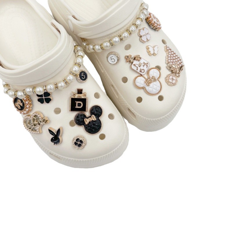 18 ชิ้น Double Chain Croc DIY Charm อุปกรณ์เสริมรองเท้า Black White ...