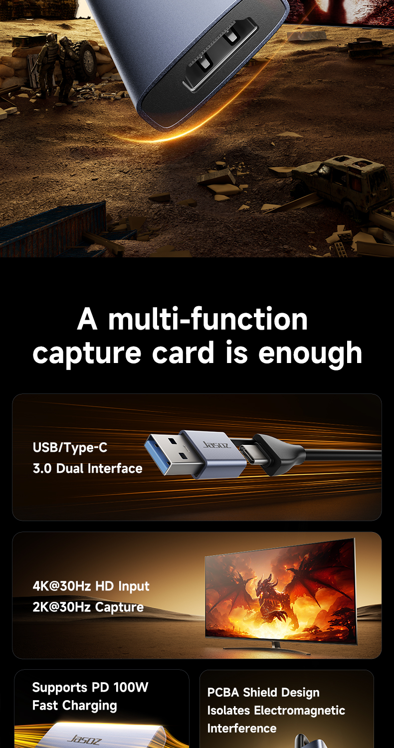 Jasoz USB 3.0/Type-C Video Capture Card 2in1 Game Live 4K Recorder ...