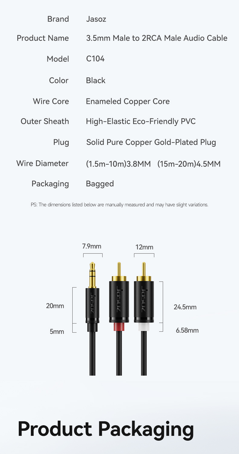 Jasoz สาย AUX3.5mm to 2 RCA Aux Audio Cable Adapter Splitter for TV Box Home Theater Speaker ...