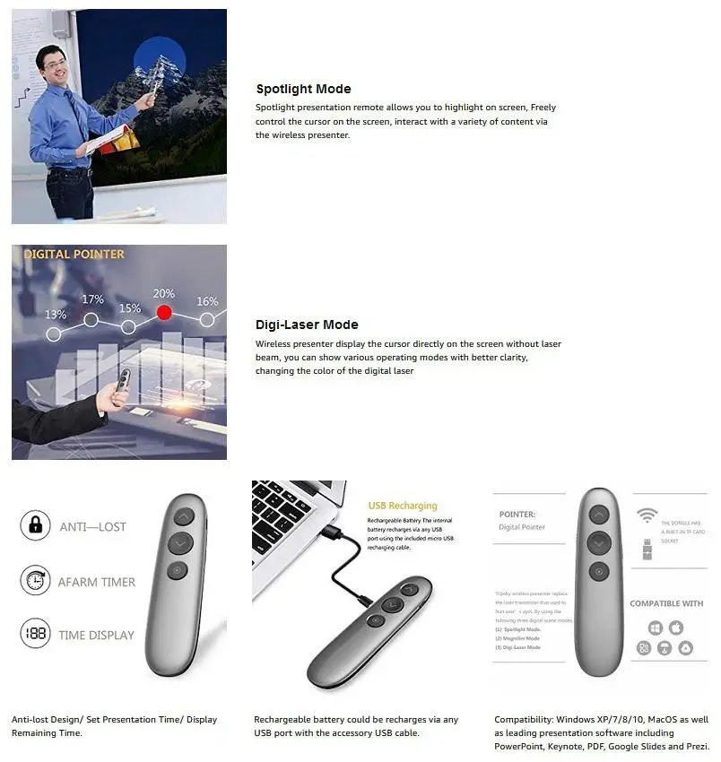 Wireless Presenter Highlighting Magnify ปากกาเลเซอร์ Spotlight Timer LED LCD Digital Pointer Air ...