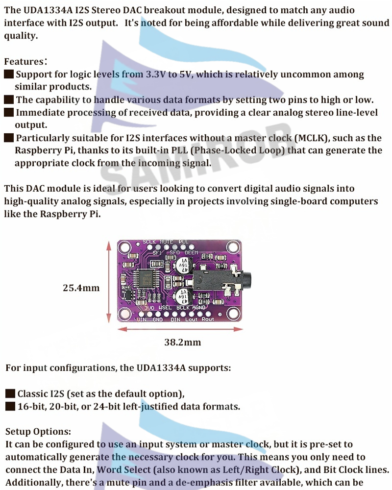Samirob UDA1334A โมดูล DAC UDA1334 I2S DAC เสียงสเตอริโอถอดรหัสโมดูล ...