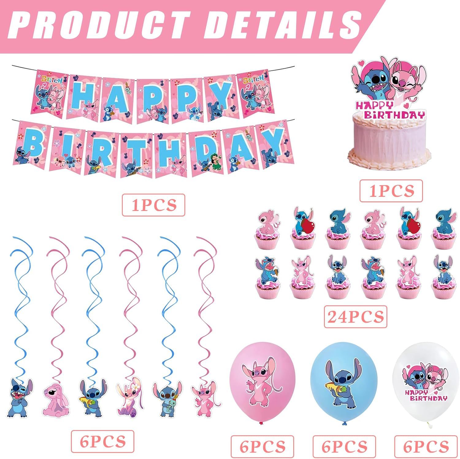 Pink Lilo และ Stitch Themed Birthday Party Banner เค้ก Topper ลูกโป่ง ...