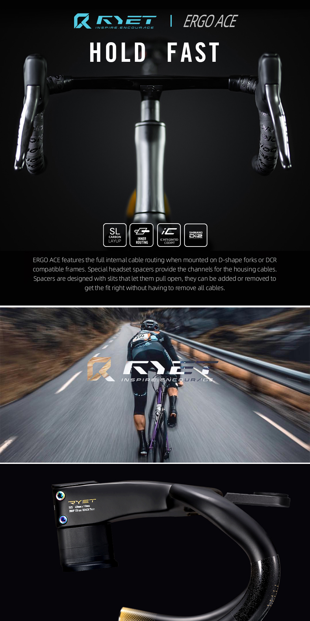 RYET ErgoAce สายภายในเต็มรูปแบบ Integrated Road Handlebar T800 Carbon ...