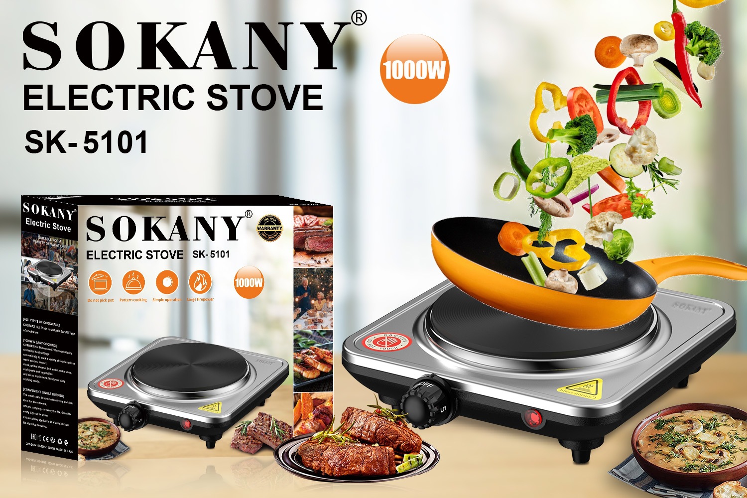 SOKANY 1000W สแตนเลส เตาแม่เหล็กไฟฟ้า induction cooker ใช้ได้กับกระทะ ...
