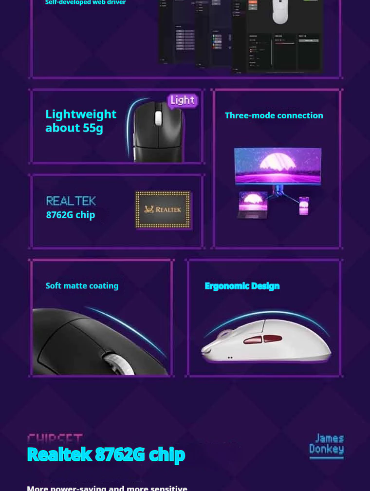 เมาส์ไร้สาย James lonkey RSR5 PAW3950 เมาส์เกมสามโหมดน้ําหนักเบา ...