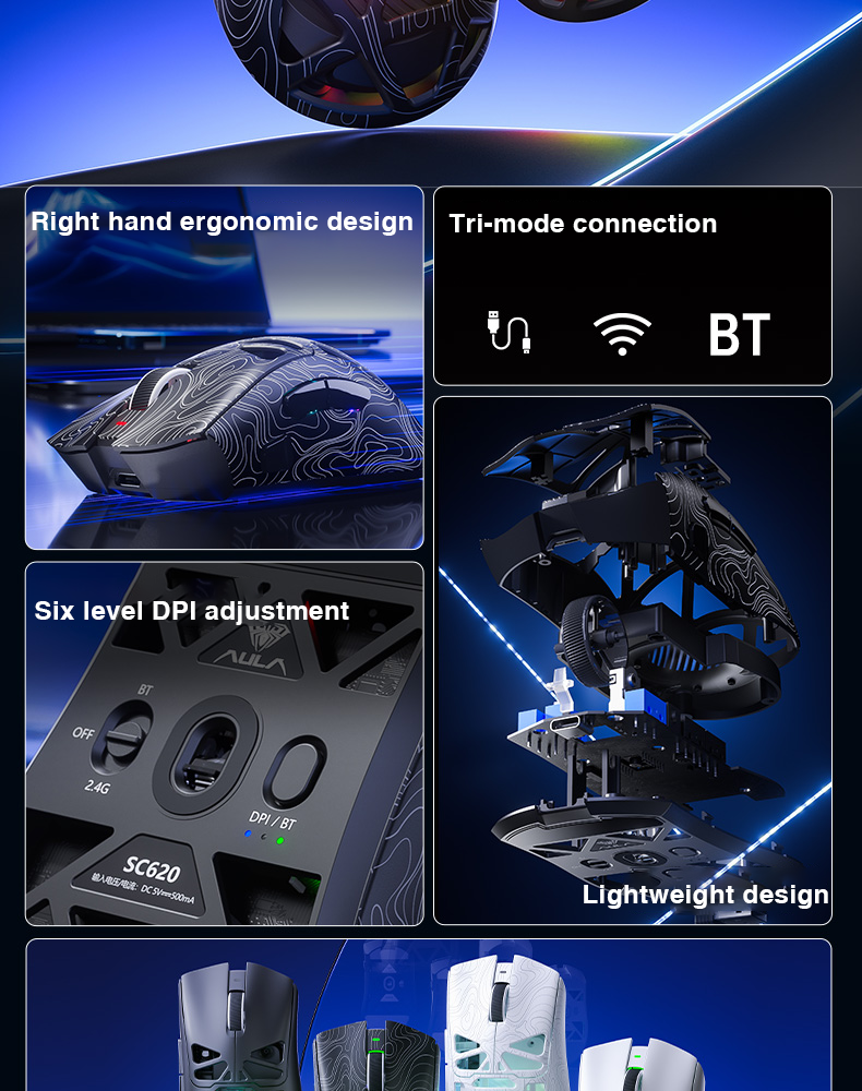 AULA SC620 เมาส์ไร้สาย Hollow Out การออกแบบน้ําหนักเบา Tri-Mode 12000 ...