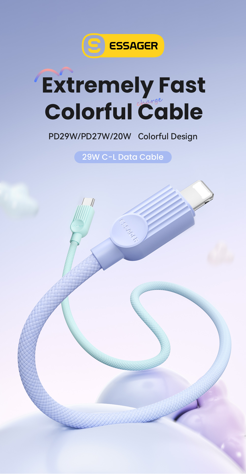 Essager PD 29W USB-C ถึง L Fast Charging Data Cable สายเคเบิลถักสีคู่ ...