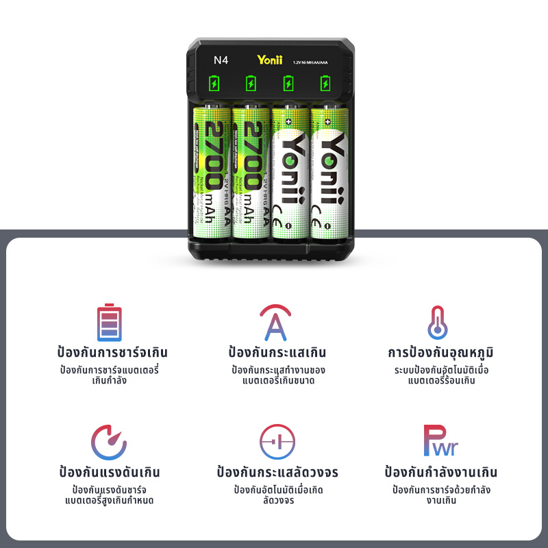 Yonii เครื่องชาร์จ LED อัจฉริยะ 4 ช่อง เหมาะสําหรับ 1.2V Ni-MH AA2700 ...