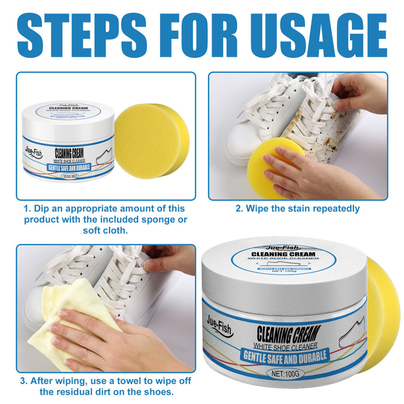 Jue Fish White Shoe Cleaning Cream 100g Stain Remover สําหรับรองเท้า ...