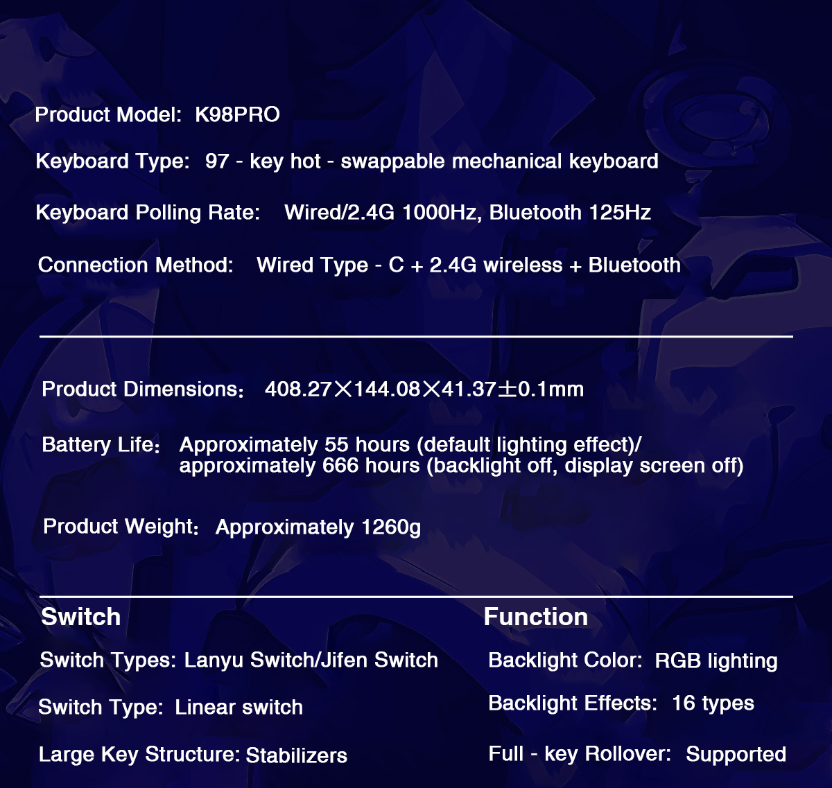 LINGBO K98PRO คีย์บอร์ด 97 คีย์ Tri-mode จอแสดงผล LCD RGB Hot-swap 10000mAh โครงสร้างปะเก็น ...