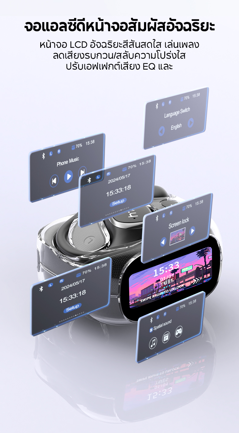 HTC NE11 หูฟังนักแปล ไทม์ผ่านบลูทูธ 6.0 พร้อมหน้าจอสัมผัส LED AI การแปล ...