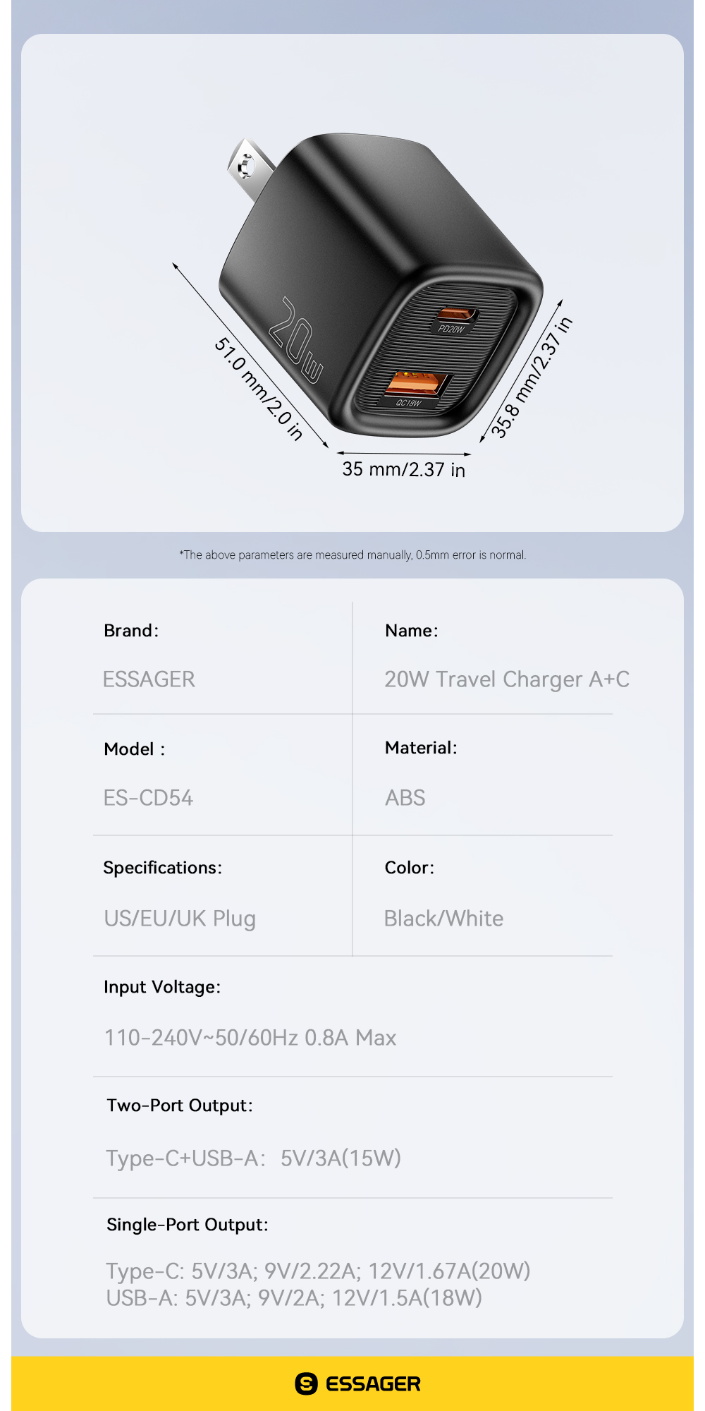 Essager USB C Charger 20W GaN Type C PD Fast Charging QC 3.0 Quick ...