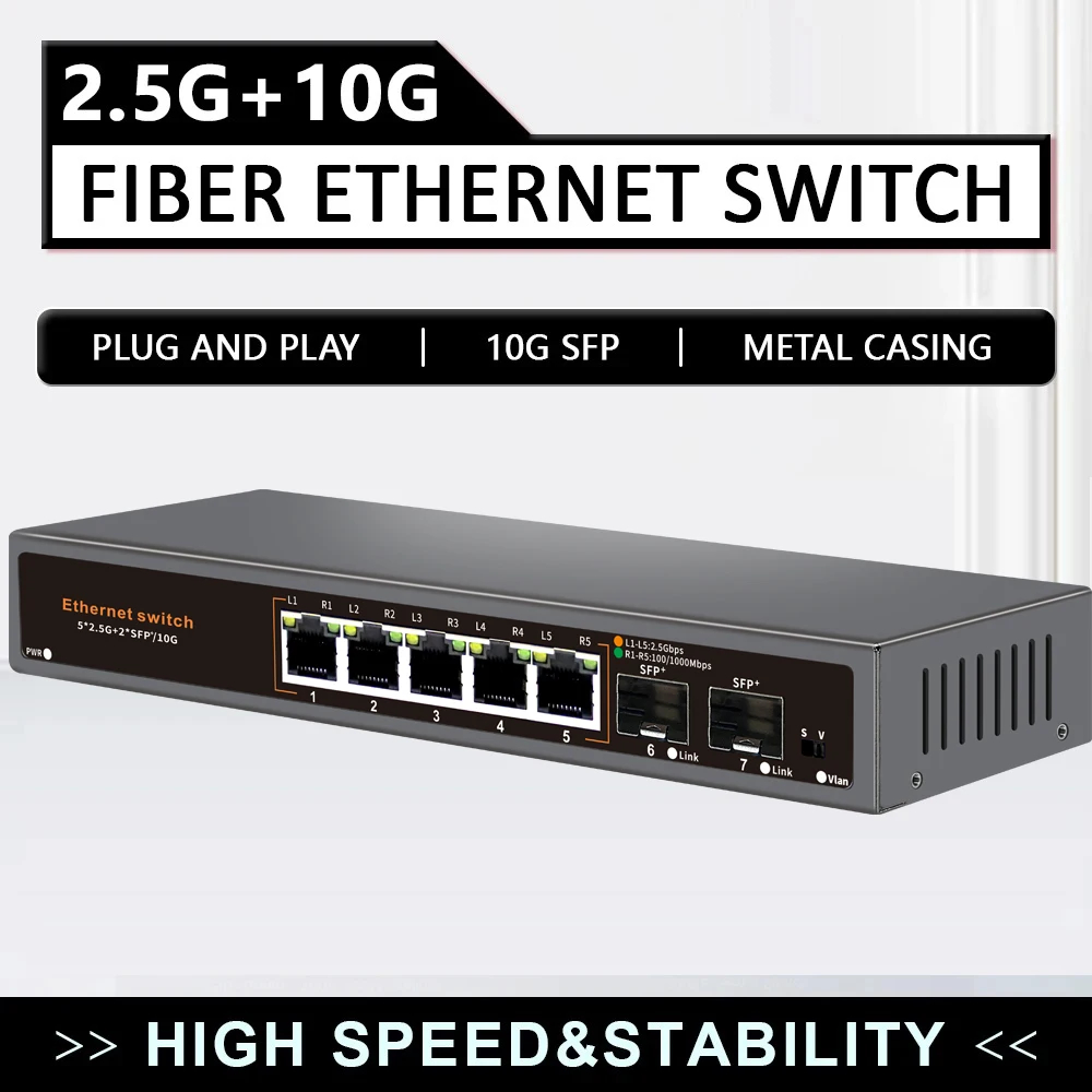 5 พอร์ต 2.5G Ethernet สวิทช์ 2.5G RJ45 Gigabit สวิทช์ 2*10G SFP พอร์ต ...