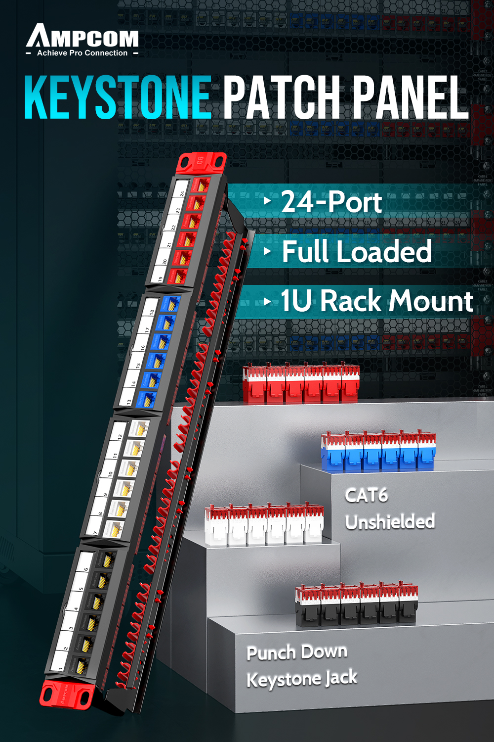 AMPCOM 1U 24-Port UTP Front-Access Keystone Patch Panel, Rack-Mounted ...