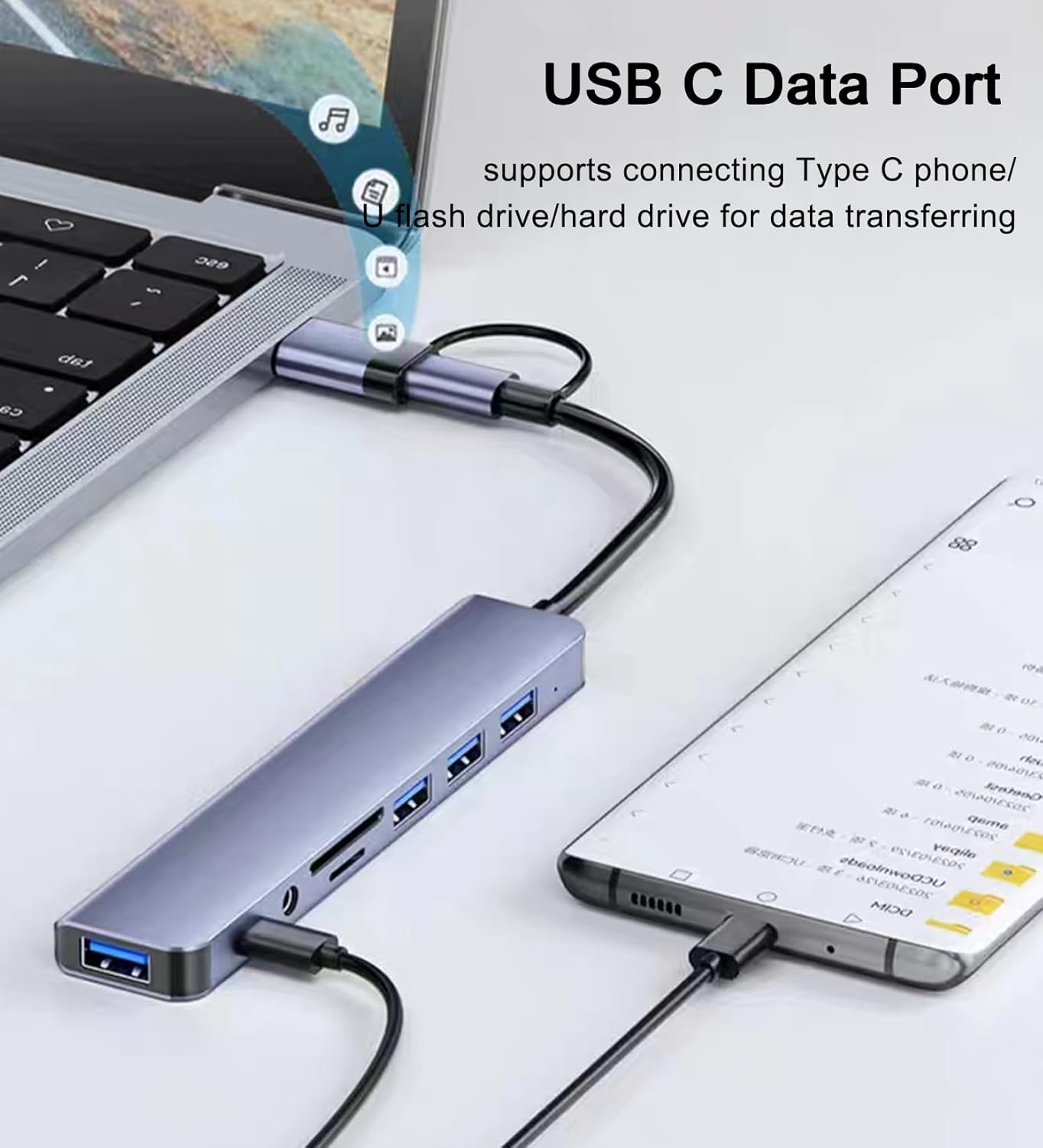 8 in 2 Type C Hub อะแดปเตอร์ USB Hub USB C ถึง USB2.0 TF SD Card Reader ...