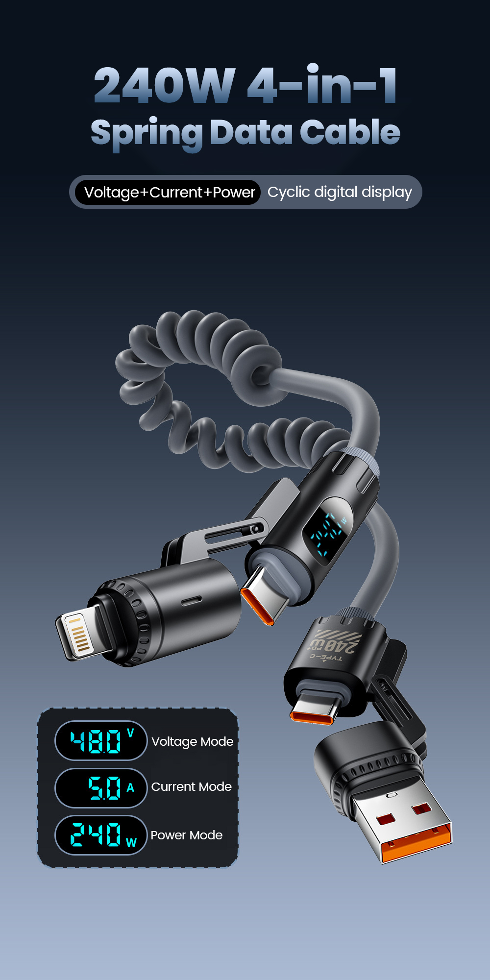 240W 4 In 1 Super Fast Charging Digital Spring Data Cable เหมาะสําหรับ ...