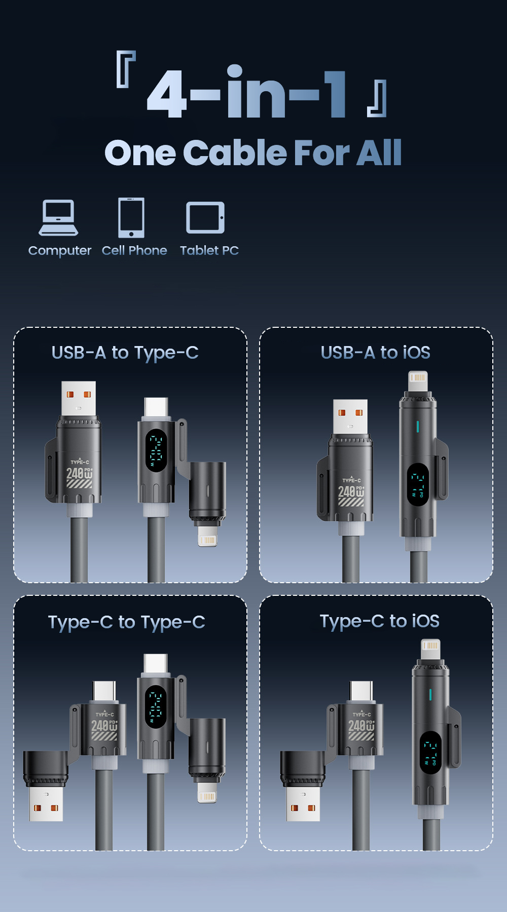240W 4 In 1 Super Fast Charging Digital Spring Data Cable เหมาะสําหรับ ...