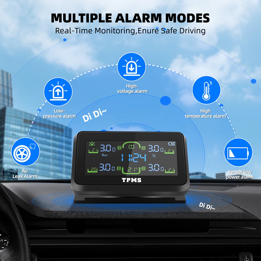 ระบบตรวจสอบแรงดันลมยางรถยนต์ TPMS, การชาร์จพลังงานแสงอาทิตย์/USB, ฟังก์ชั่นสัญญาณเตือน 5 ฟังก ...