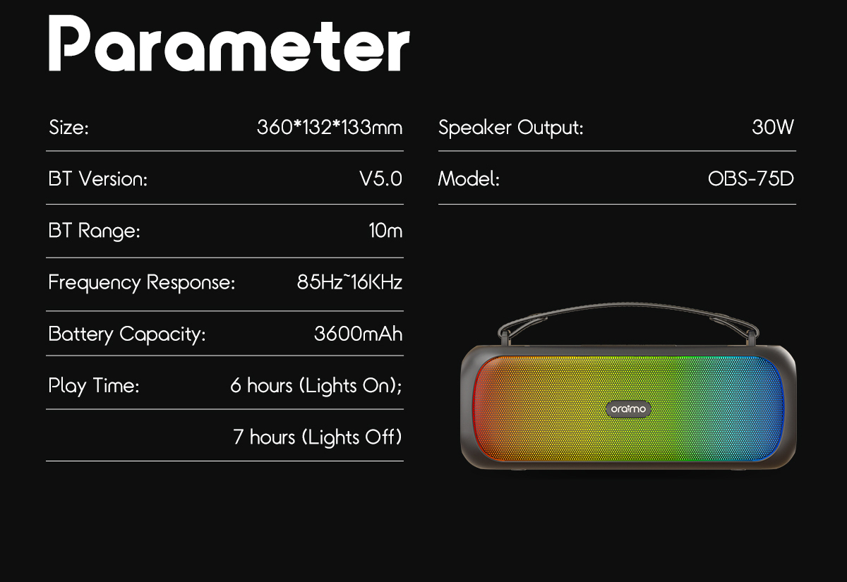 ลำโพงบลูทูธ oraimo OBS-75D เบสแน่นสะใจ เชื่อมต่อ 2 ตัวเป็นสเตอริโอ มีไฟ LED แบต 8 ชม. กันน้ำ ...