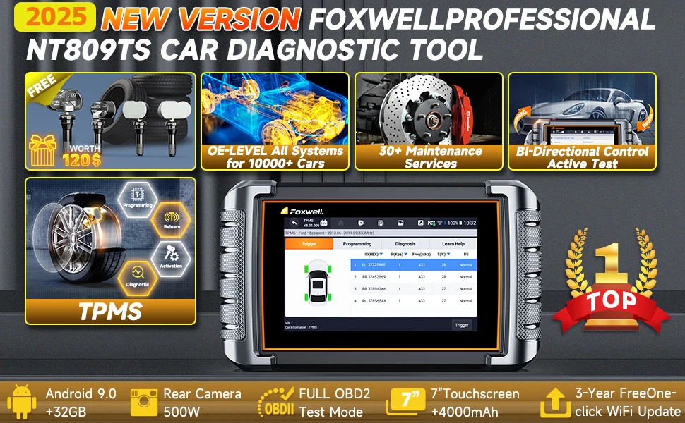 Foxwell NT809TS OBD2 เครื่องสแกนเนอร์ เครื่องมือโปรแกรม TPMS แถมเซ็นเซอร์ TPMS 4 ชิ้น วิเคราะห์ ...