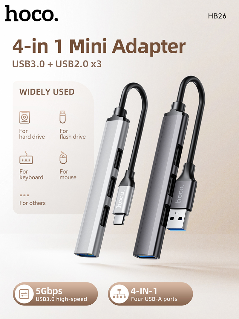 hoco. HB26 อะแดปเตอร์ฮับ 4in1 Type-C / USB to USB 3.0+ USB 2.0 *3 อุปกรณ์เพิ่มช่องยูเอสบี ฮับยู ...
