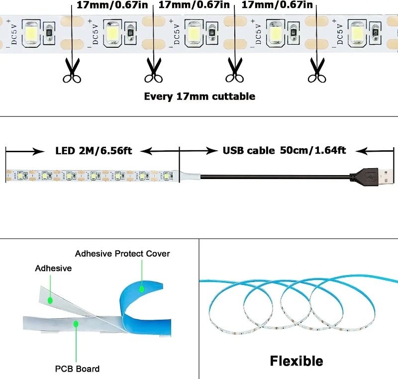 ไฟ LED สายยาว 2835 สีขาว ไฟ LED เทป USB สำหรับตกแต่งห้อง แสงหลังทีวี ...