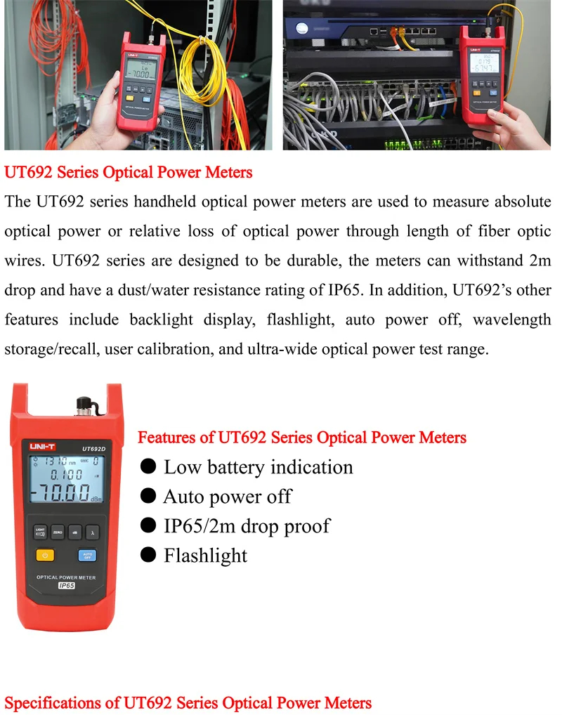 UNI-T เครื่องมือไฟเบอร์ออปติก Optical Power Meter Visual Fault Locator UT692 UT693 -70-10dBm -50 ...