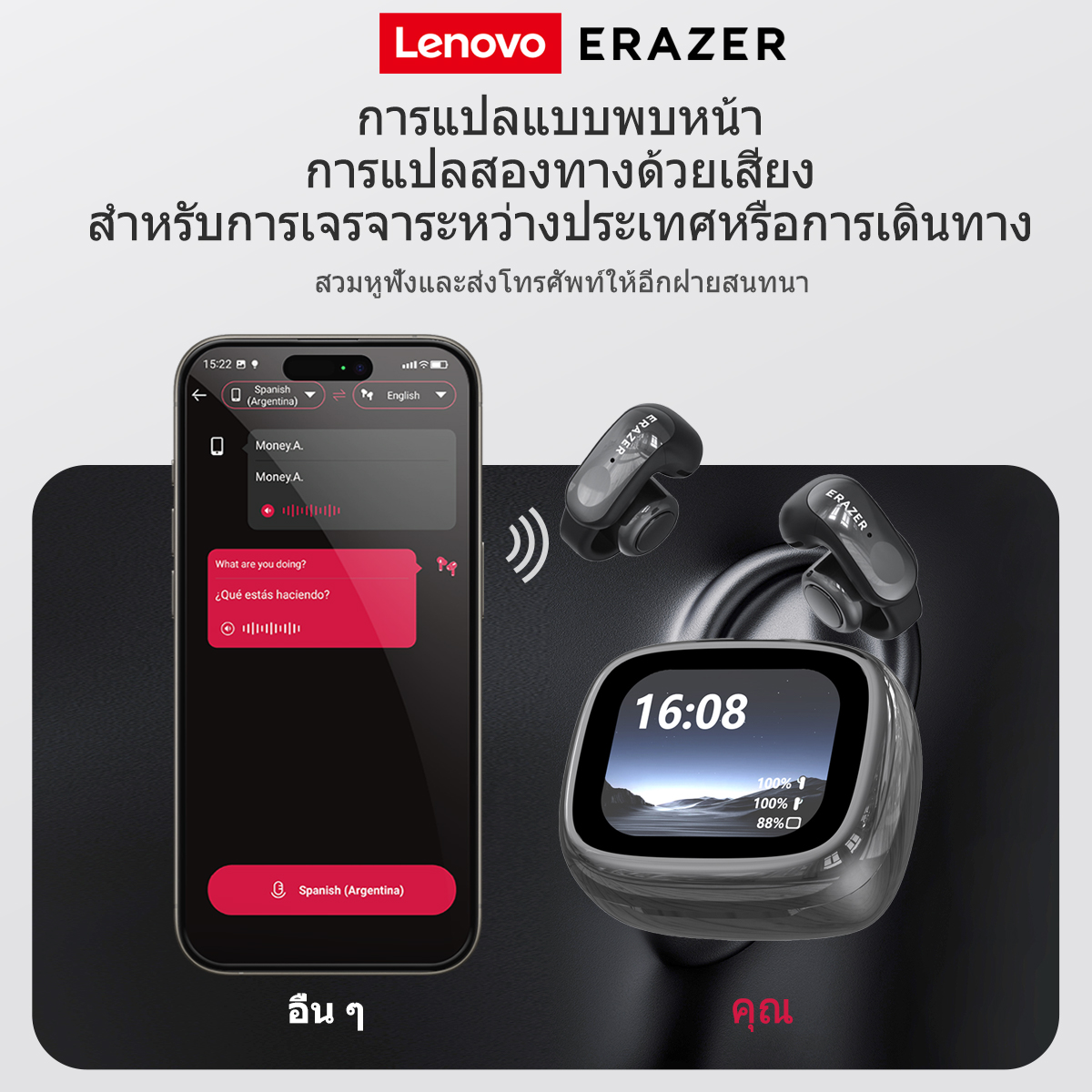 Lenovo ERAZER XF28 AI ชุดหูฟังแปล พร้อมจอแสดงผล LED หูฟังแบบหนีบหู HiFi ...