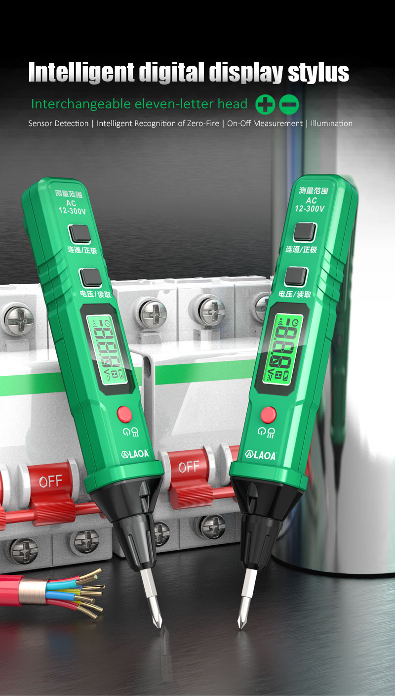 LAOA ปากกาทดสอบแรงดันไฟฟ้าแบบดิจิตอลหัวเปลี่ยน 12-300V AC/DC จอแสดงผล LCD ระบบปิดอัตโนมัติไฟ LED ...