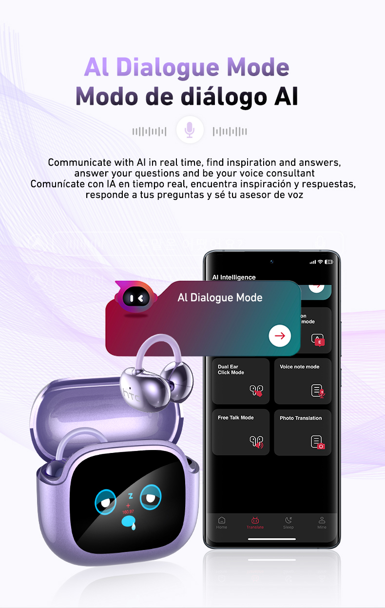 HTC NE32 การแปลแบบเรียลไทม์ AI ชุดหูฟังบลูทูธ 6.0 หน้าจอสัมผัสมัลติฟังก ...