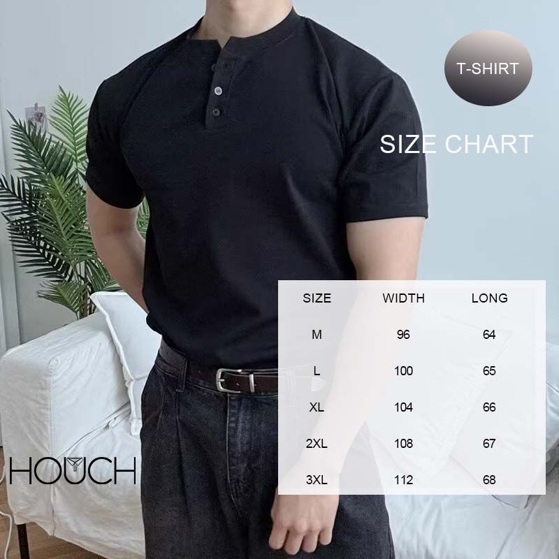 Houch พร้อมส่ง COD เสื้อยืด คอกระดุม ทรงรัดกล้าม (Henley T-shirt Fit ...