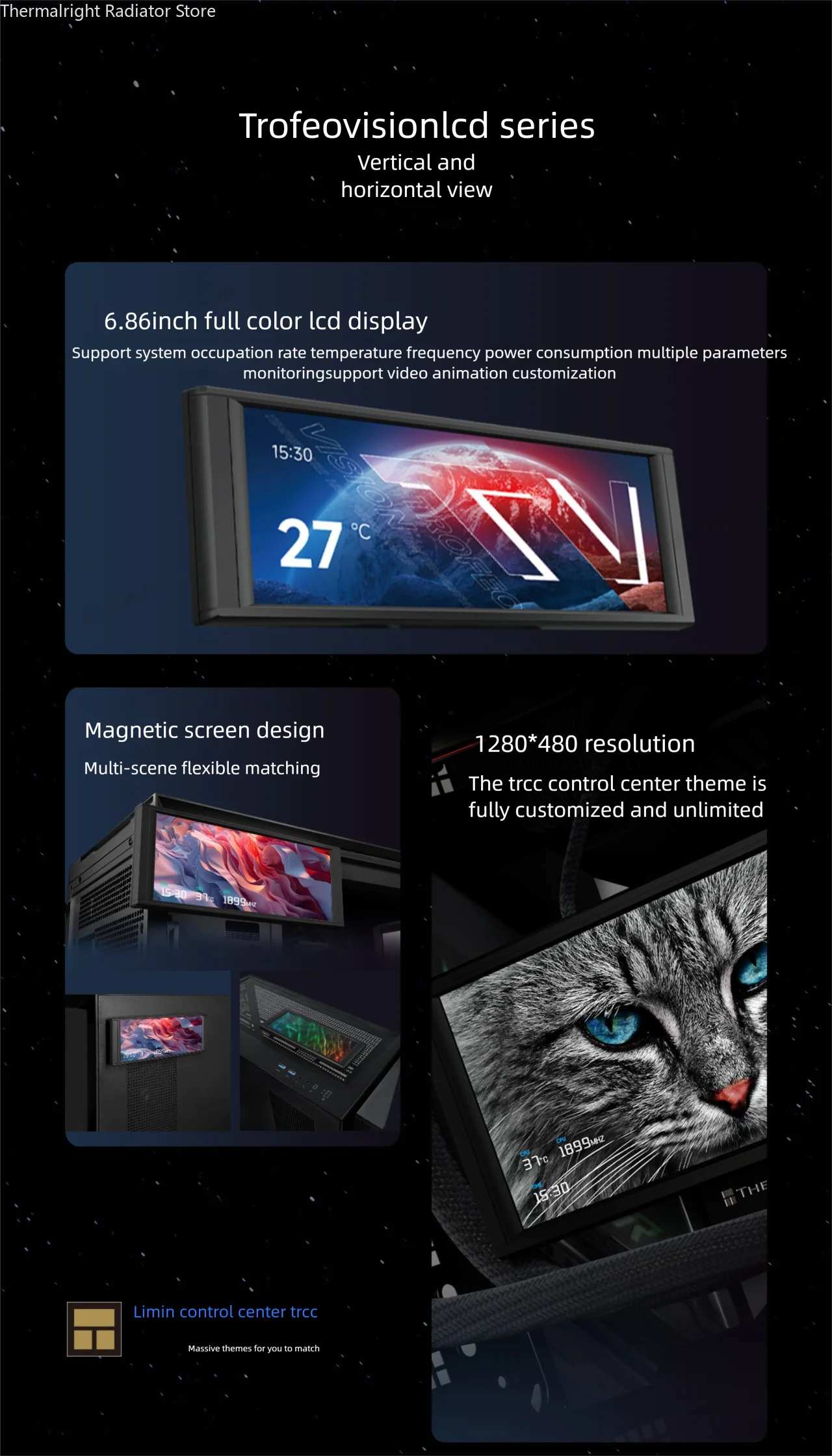 Thermalright TROFEO VISION LCD IPS 6.86 นิ้ว 1280*480 ความละเอียดเต็มหน้าจอ LCD แม่เหล็กพอร์ต ...