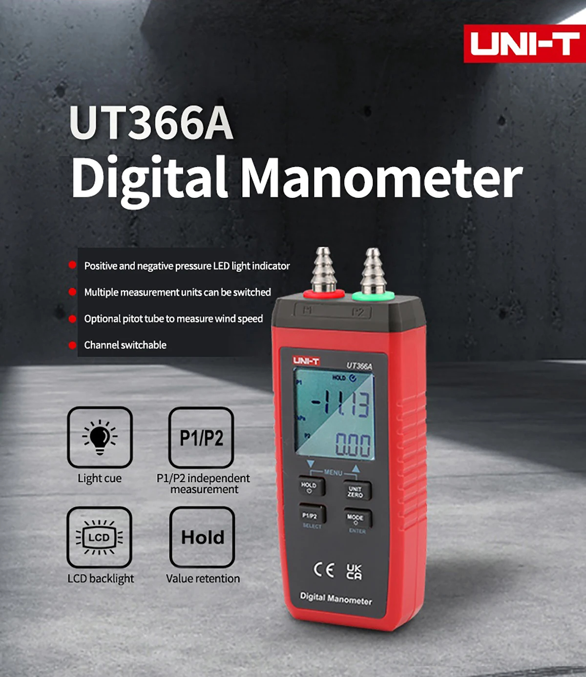 UNI-T Digital Manometer UT366A Air Pressure Gauge Handheld Pressure ...