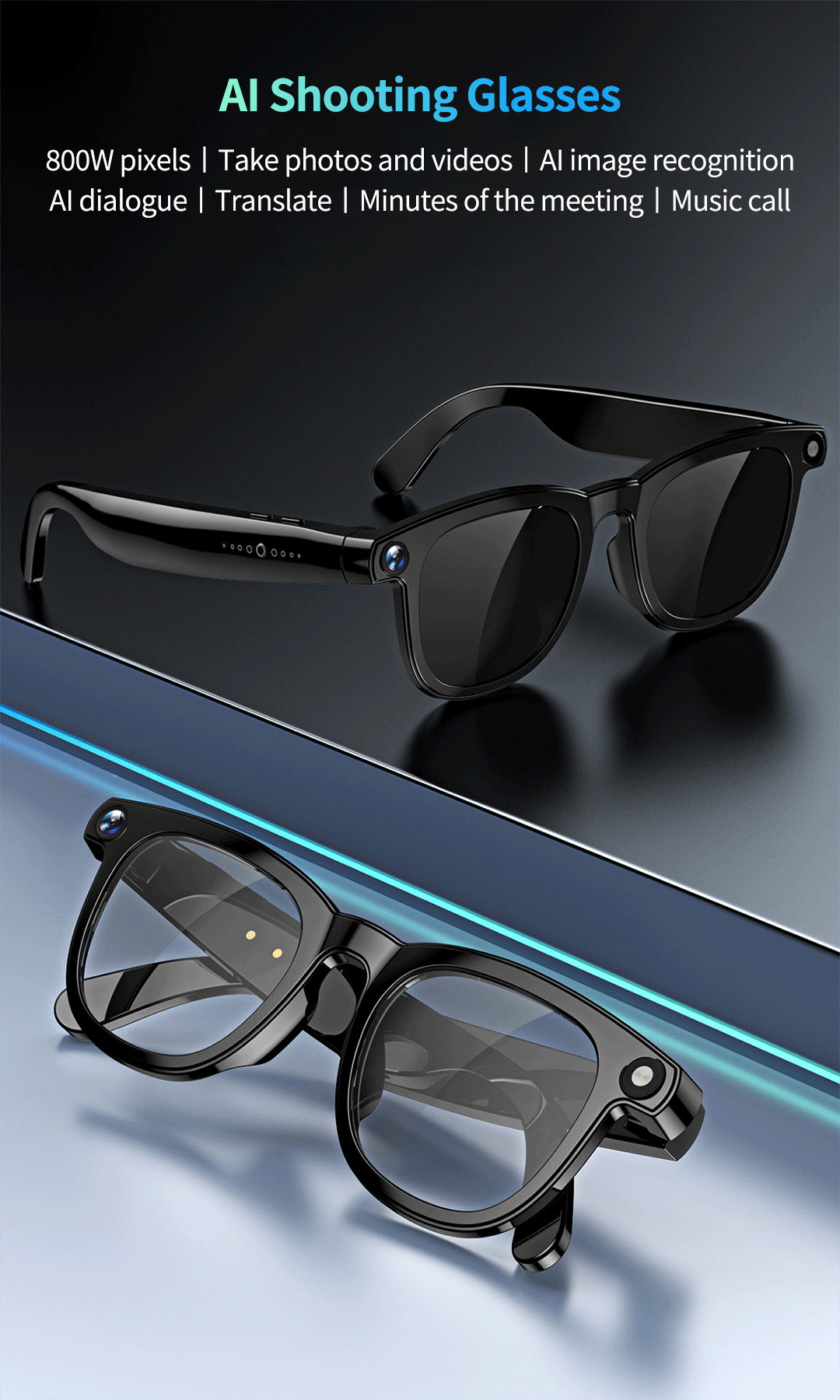 AI Smart Glasses CY01 กล้อง 800W และผู้ช่วยหลายAI สําหรับการบันทึกบุคคล ...