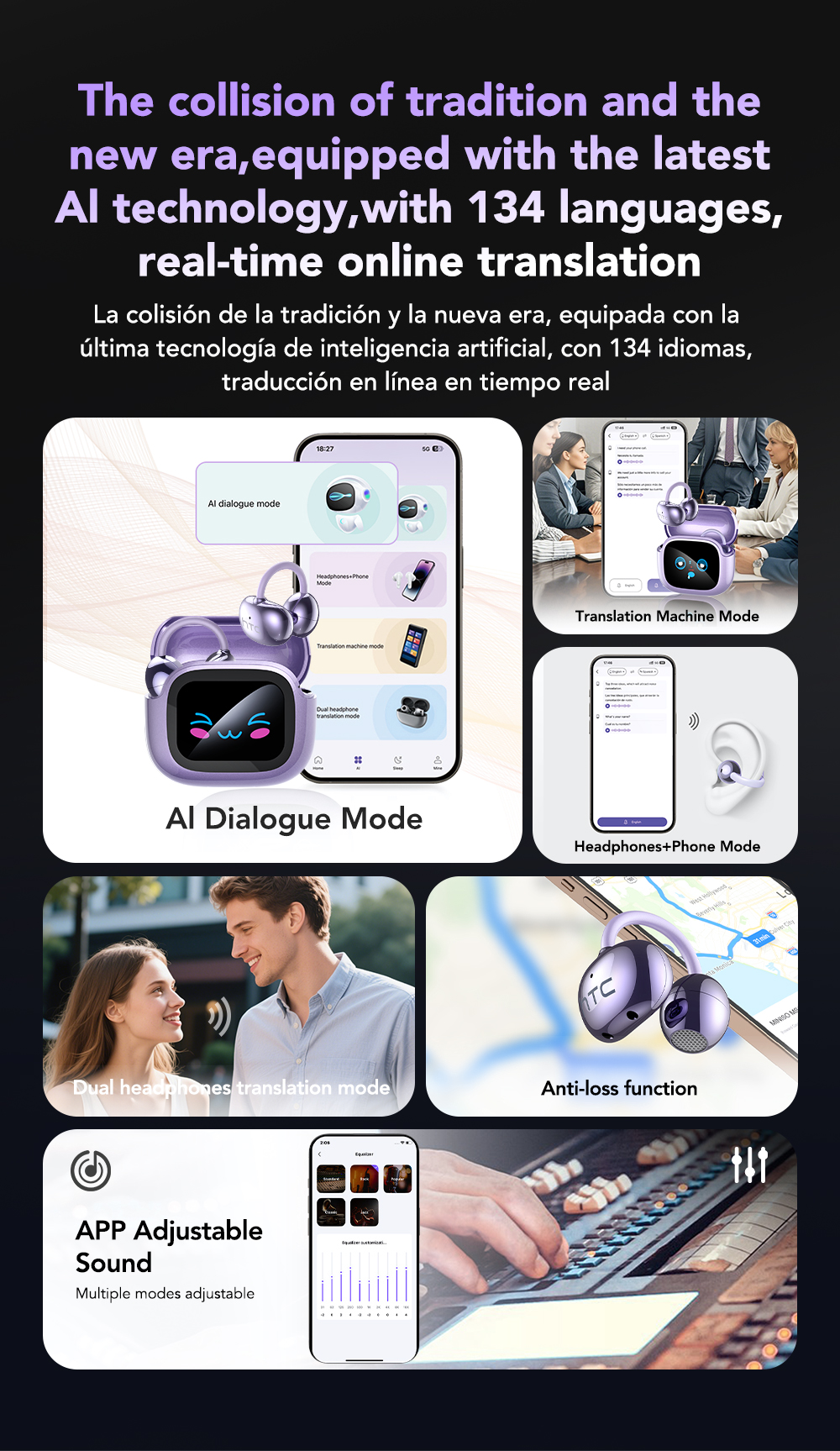 HTC NE32 AI ชุดหูฟังแปล พร้อมจอแสดงผล LED แบบเกี่ยวหู HiFi สเตอริโอ ...
