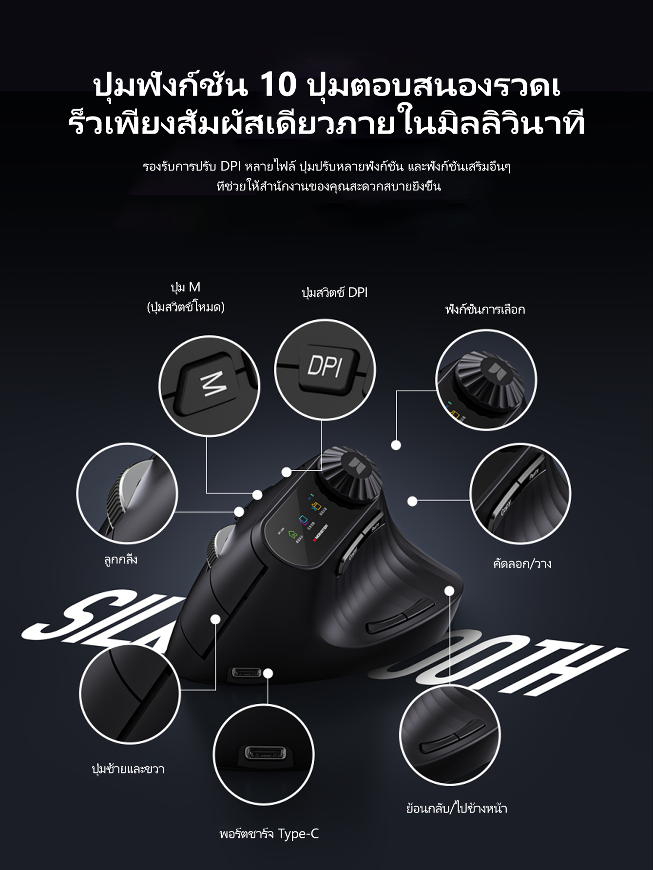 Monster M2MAX เมาส์บลูทูธไร้สายไม่ลื่นออกแบบตามหลักสรีรศาสตร์แสงอุปกรณ์หลายอายุการใช้งาน ...