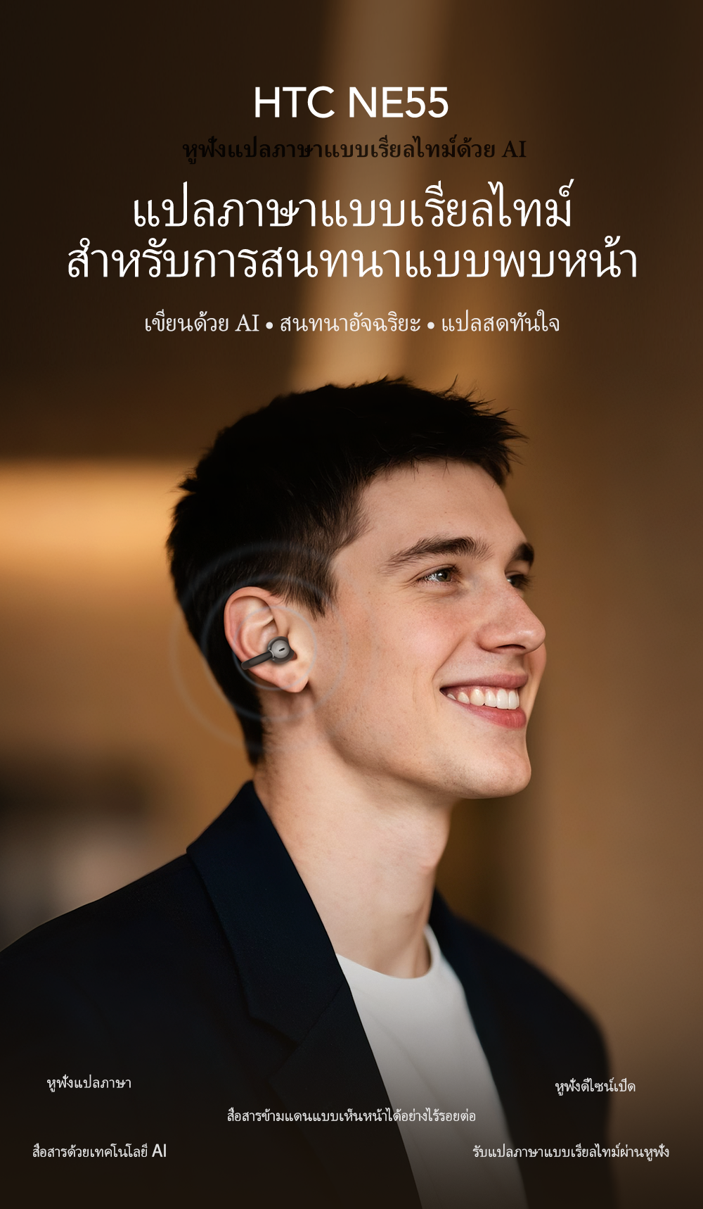 HTC NE55 หูฟังนักแปล หูฟังบลูทูธ หูฟังไร้สาย Clip On Open Ear ใส่สบาย ...
