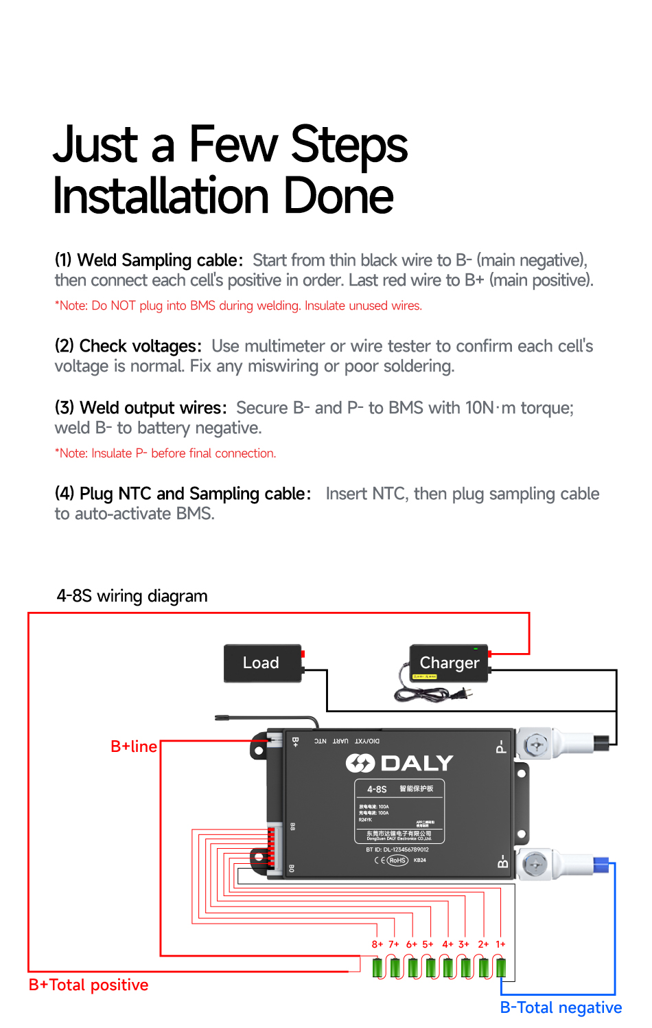 DALY สมาร์ท BMS บลูทูธในตัว 30A–200A 4S–8S 7S-24S Li-ion / LiFePO4 ...