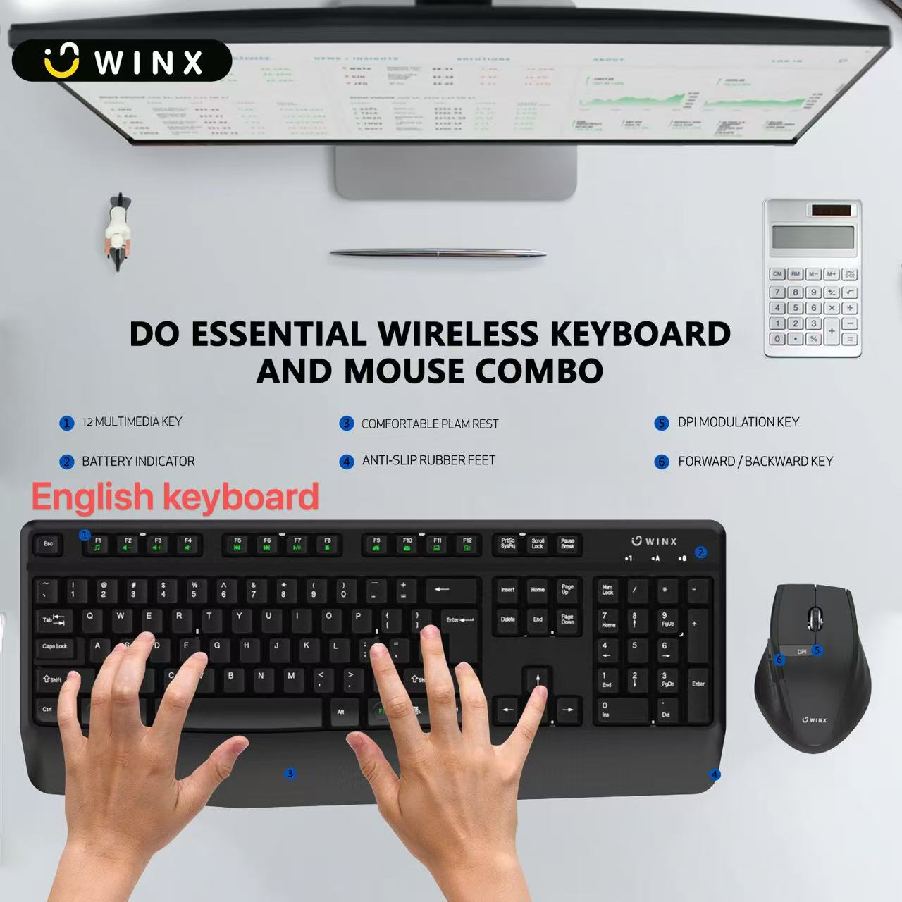 WINX (รับประกัน 2 ปี) คีย์บอร์ดมัลติมีเดียไร้สาย/แบบมีสาย Ergonomics Combo คีย์บอร์ดไร้สาย USB 2 ...