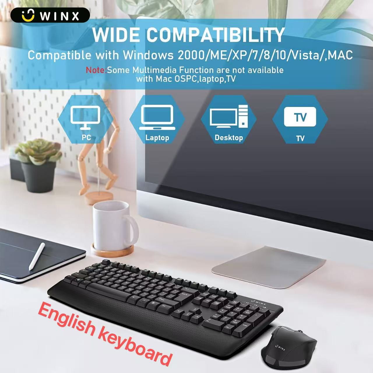 WINX (รับประกัน 2 ปี) คีย์บอร์ดมัลติมีเดียไร้สาย/แบบมีสาย Ergonomics Combo คีย์บอร์ดไร้สาย USB 2 ...