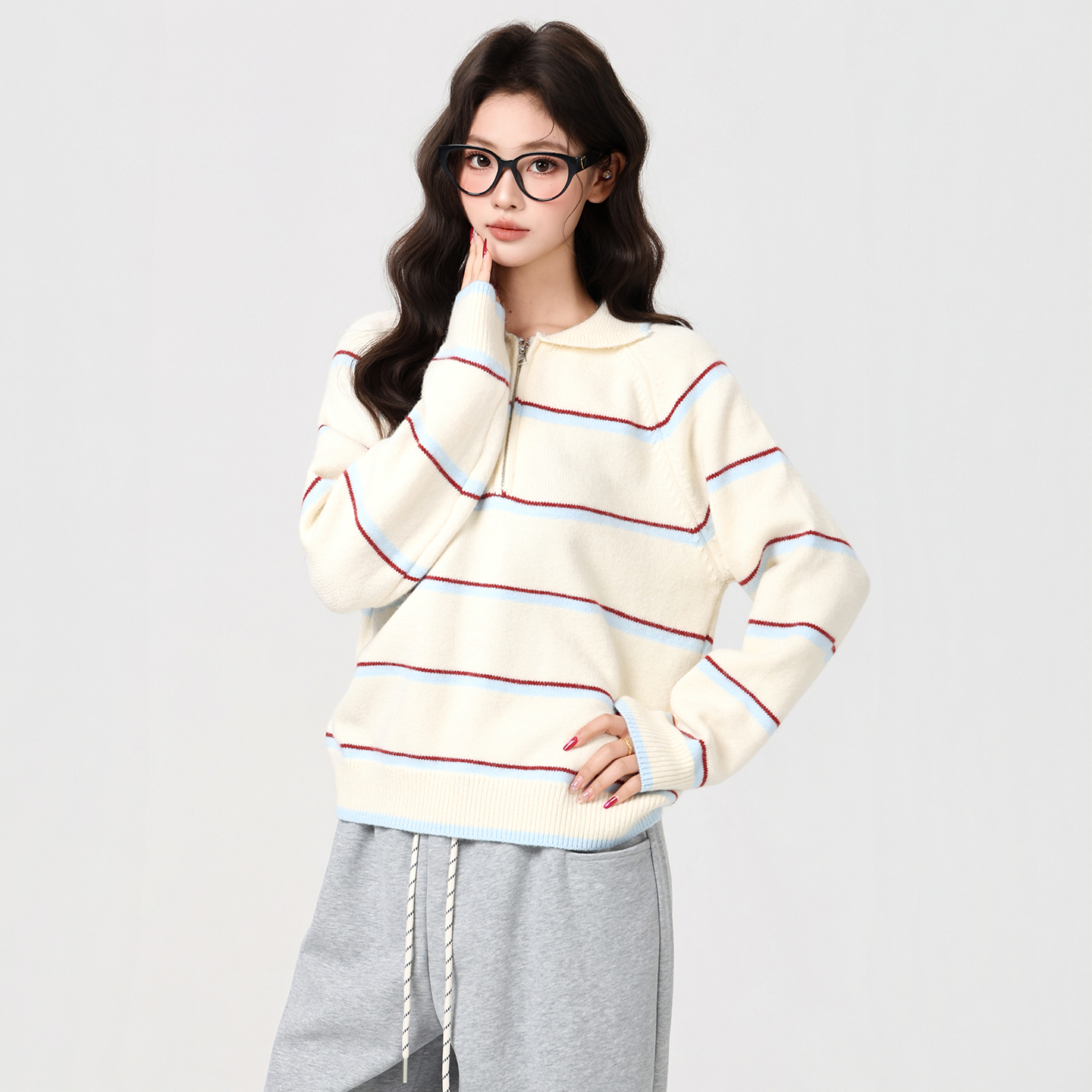 97704 แขนยาวหลวมครึ่งซิปลายเสื้อกันหนาว | Shopee Thailand