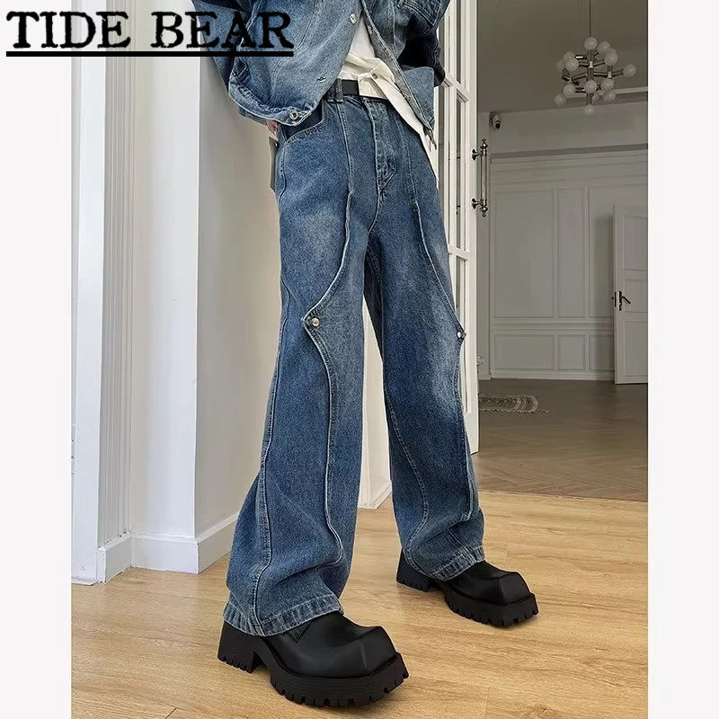 TIDE BEAR กางเกงยีนส์ผู้ชาย อเมริกันเรโทรถนน การตัดเย็บสามมิติการออกแบบ ...